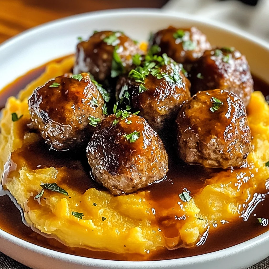 beef Meatballs with Sweet Potato Mash & Bourbon-Maple Bliss